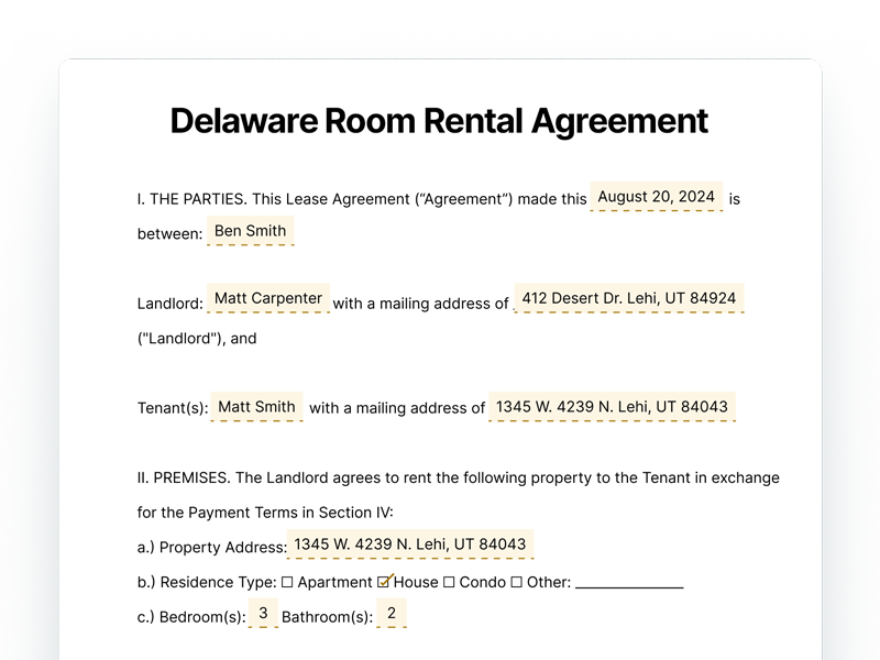 Delaware Room Rental Agreement - RocketRent