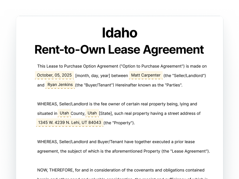 Idaho Rent-to-Own Agreement - RocketRent