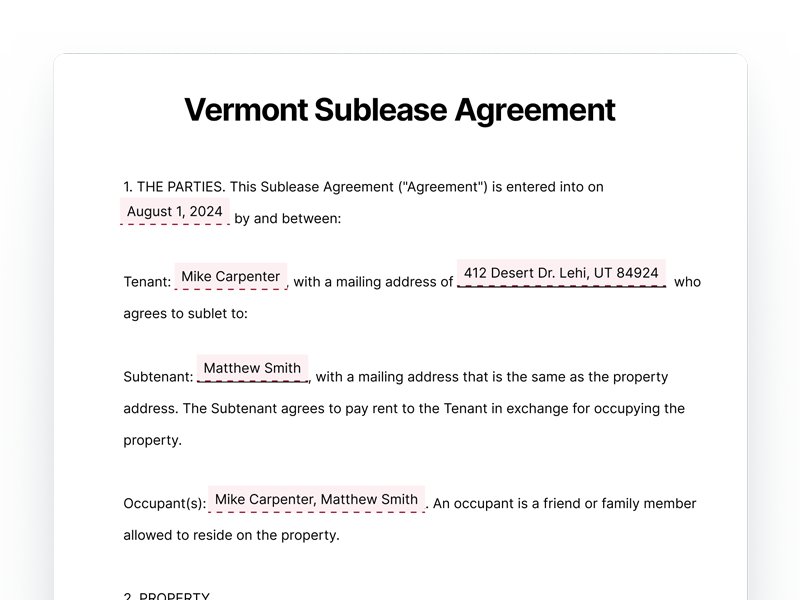 Vermont Sublease Agreement - RocketRent
