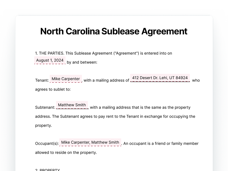North Carolina Sublease Agreement - RocketRent