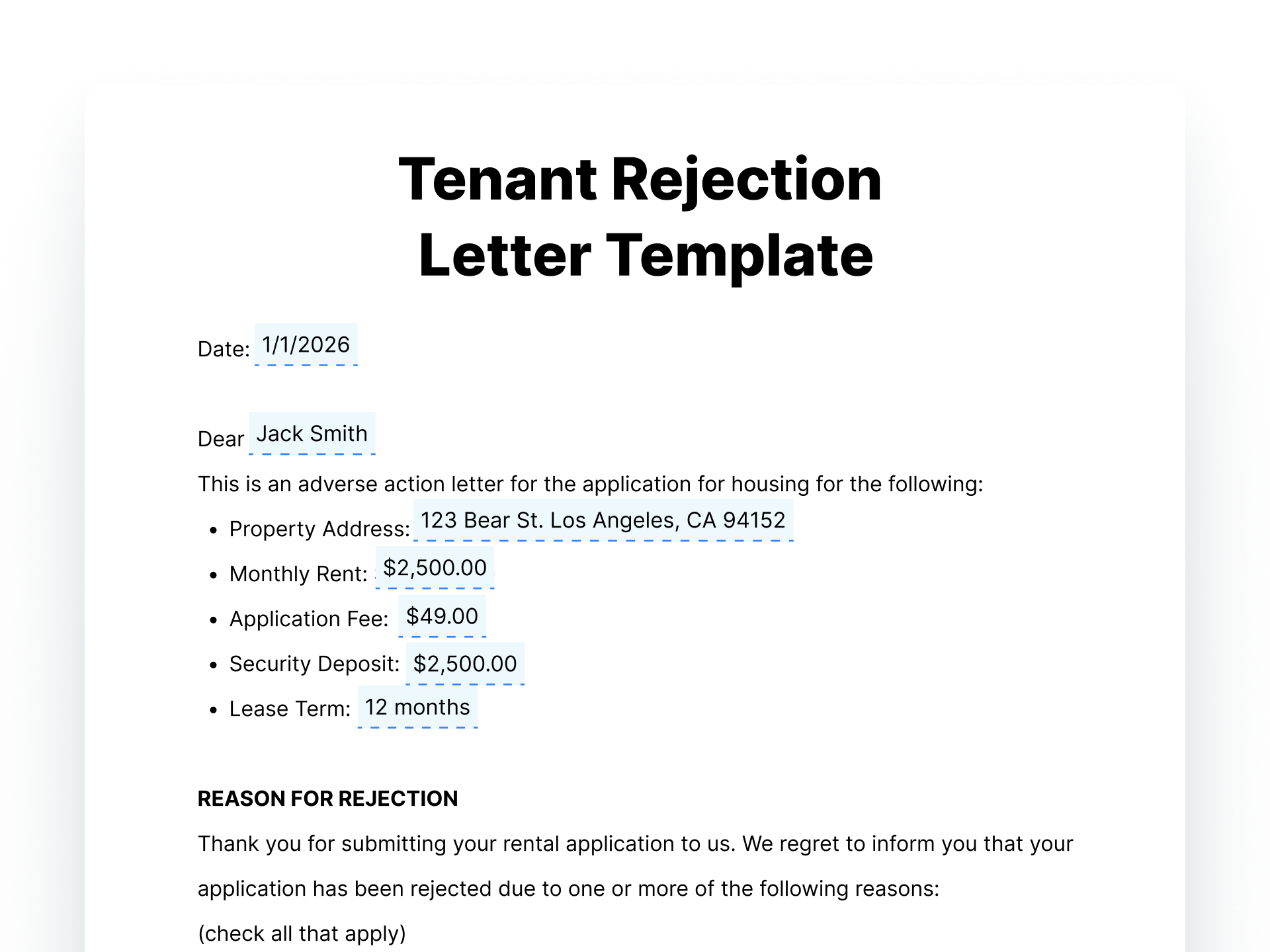 Free Tenant Rejection Letter Template (PDF, Word, Google Doc) | RocketRent
